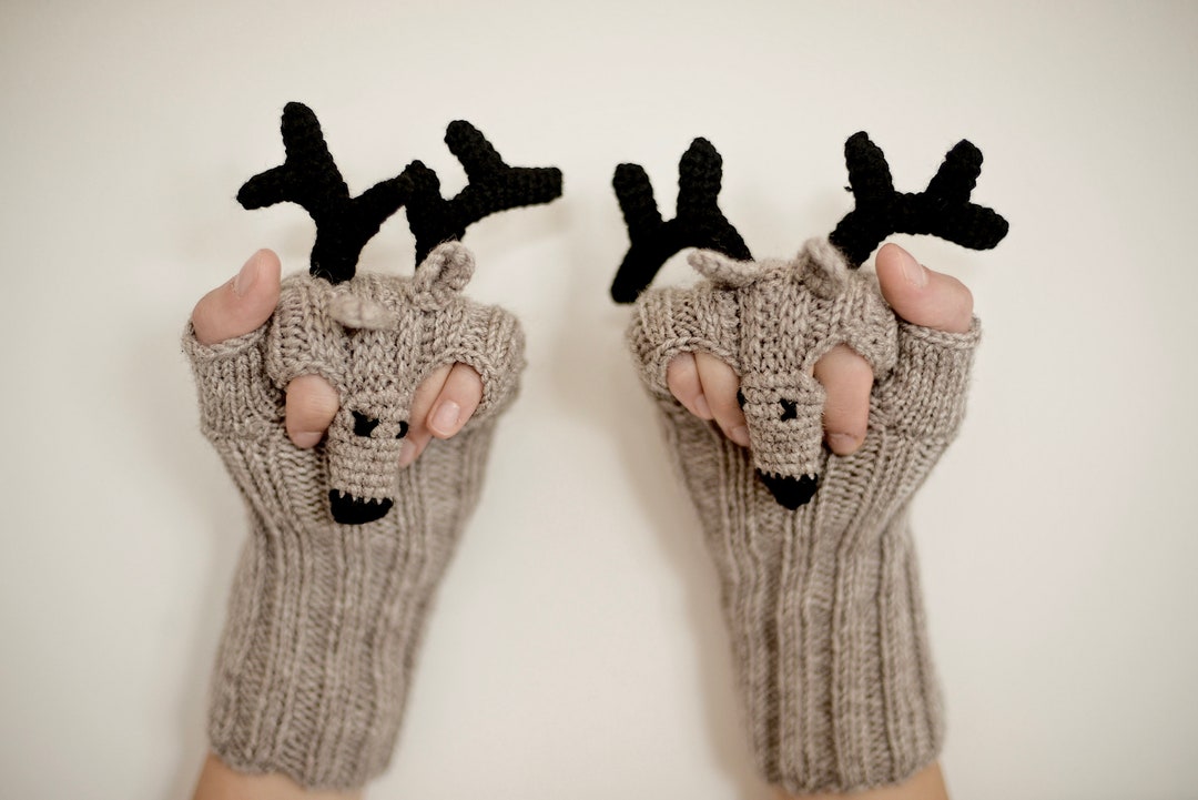 Moose Deer Gloves Cozy Winter Fingerless Gazelle Mittens Knitted ...