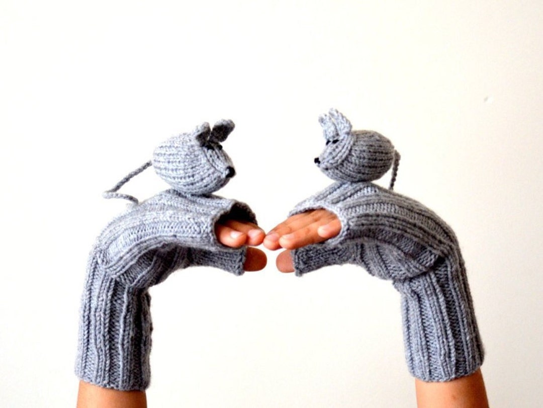 Hand Knit Winter Glove, Knitted Mice Gloves, Hand Puppet Glove, Cute ...