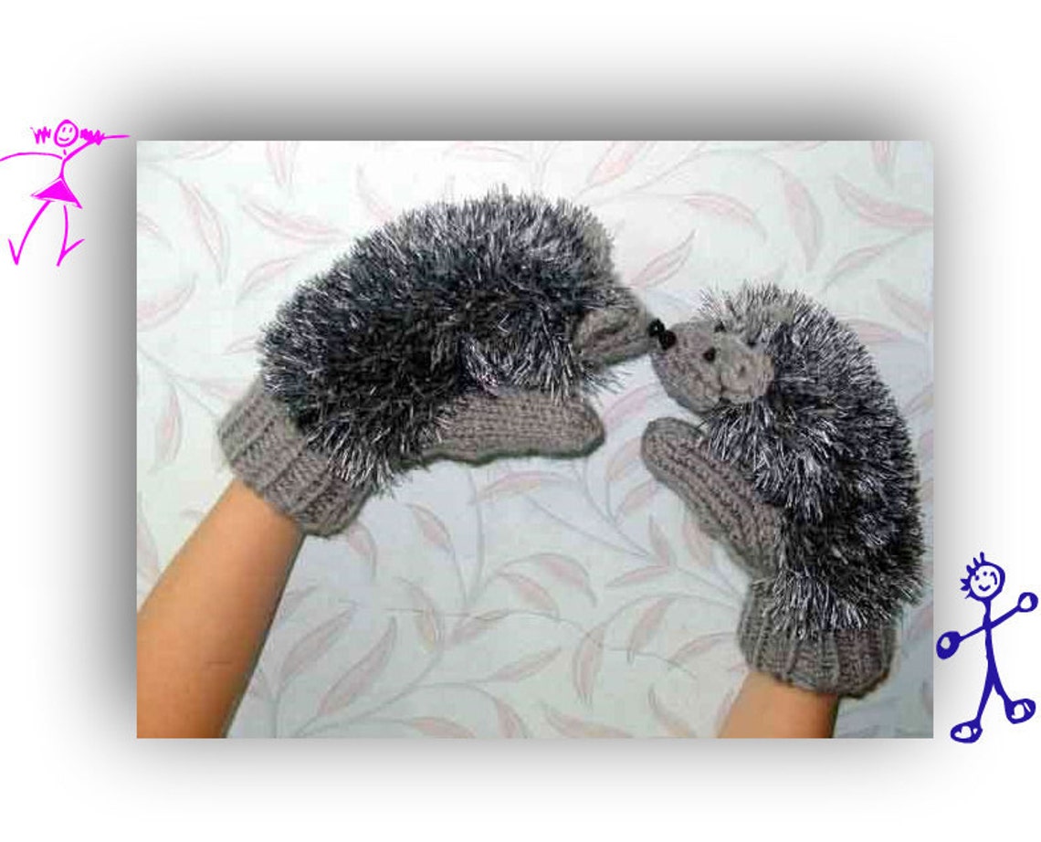 Hedgehog Blue Knit Mittens, Arm Warmers, Knitted Animal Glove, Winter ...