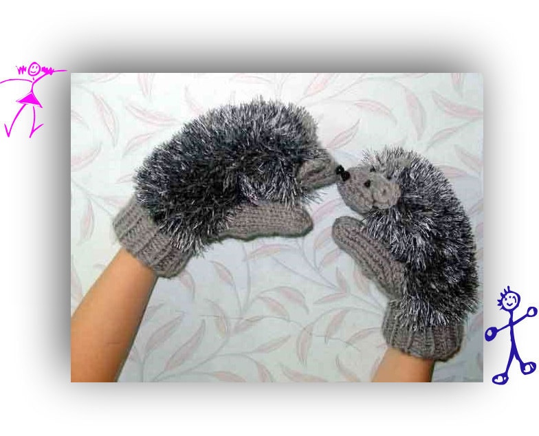 Hedgehog Blue Knit Mittens, Arm Warmers, Knitted Animal Glove, Winter ...