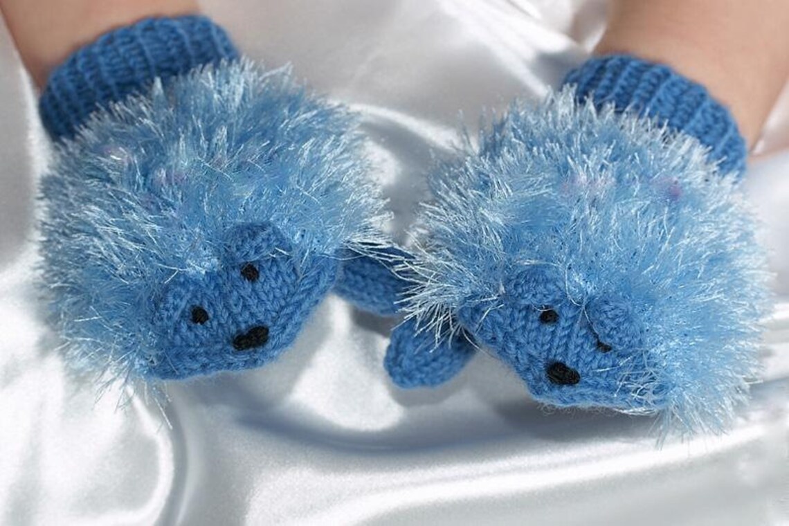 Hedgehog Blue Knit Mittens, Arm Warmers, Knitted Animal Glove, Winter ...