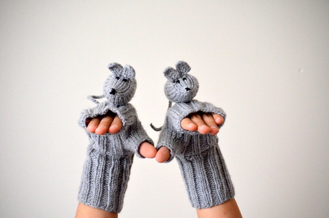 Hand Knit Winter Glove, Knitted Mice Gloves, Hand Puppet Glove, Cute ...
