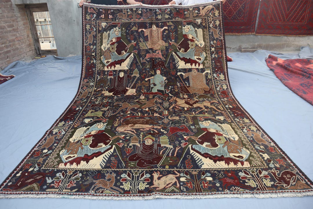 6'2"x 9 Vintage Afghan Pictorial Rug – Hunting Scene Wool Carpet ...