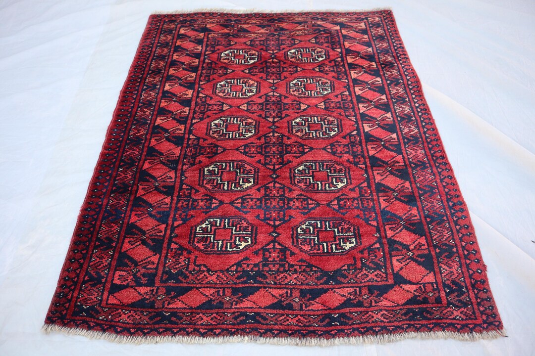 Vintage Bukhara Red Wool Rug: Mouri Gul Design, Handmade Afghan Carpet ...