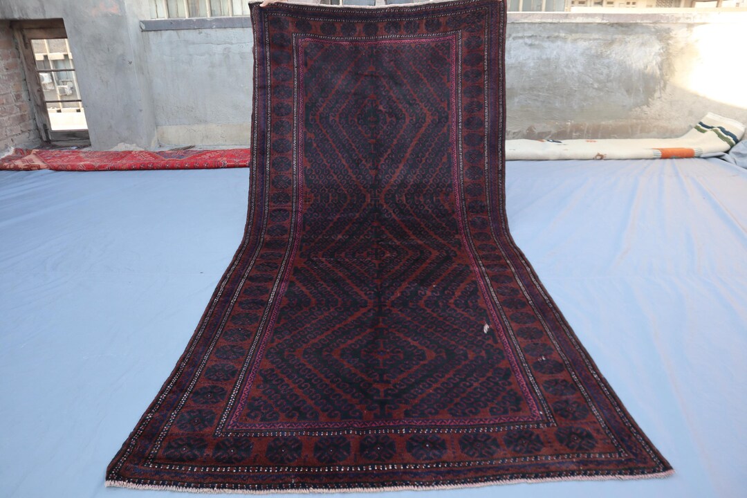 Striking Afghan Tribal Taimani Rug – 4x10 Ft Deep Brown & Midnight ...