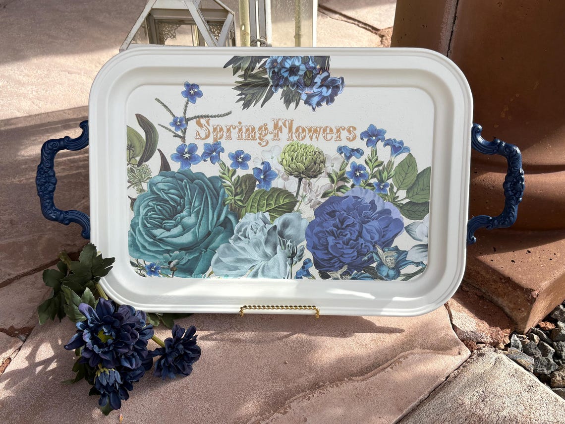 One of a Kind Decorative Tray Painted and Embellished With Blue and ...