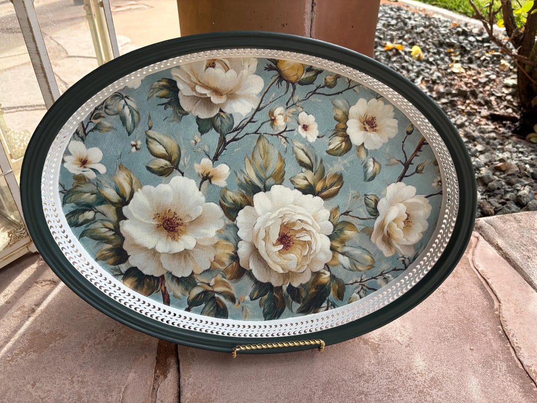 Decorative Oval Tray With White Peonies on Blue Framed in Green. - Etsy