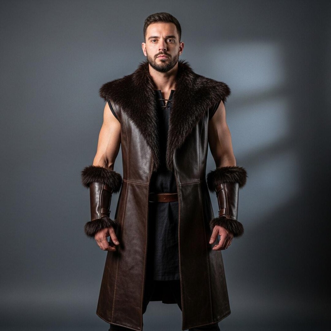Medieval Viking Leather Vest With Fur, Fantasy Warrior Costume, Custom ...