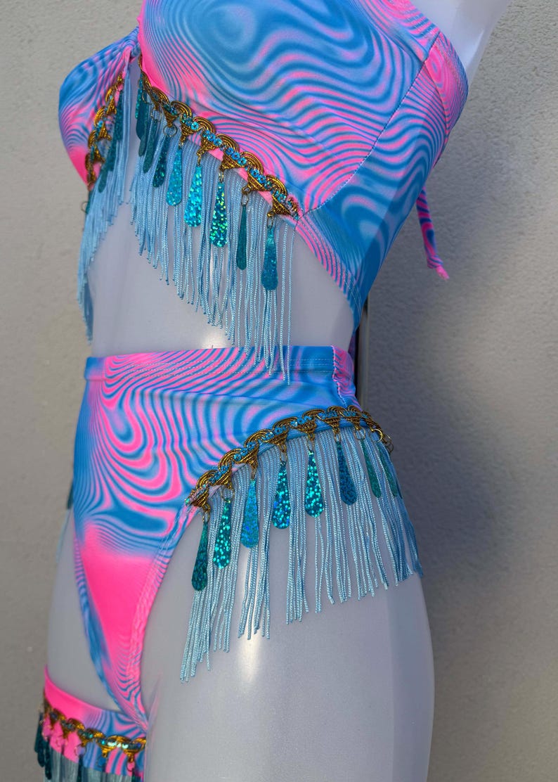 Neon Swirl Rave Outfit: Blue Pink Sequin Keyhole Bandeau Top, Bottoms ...