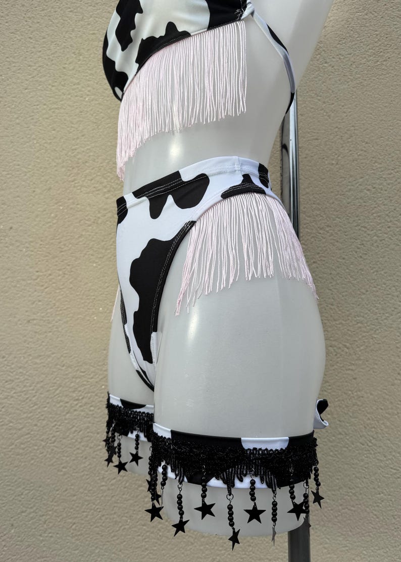 Cow Print Fringed Festival Outfit: Womens Cowgirl Sequin Rave Clothing ...