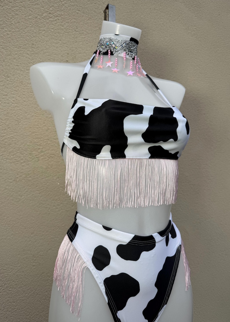 Cow Print Fringed Festival Outfit: Womens Cowgirl Sequin Rave Clothing ...