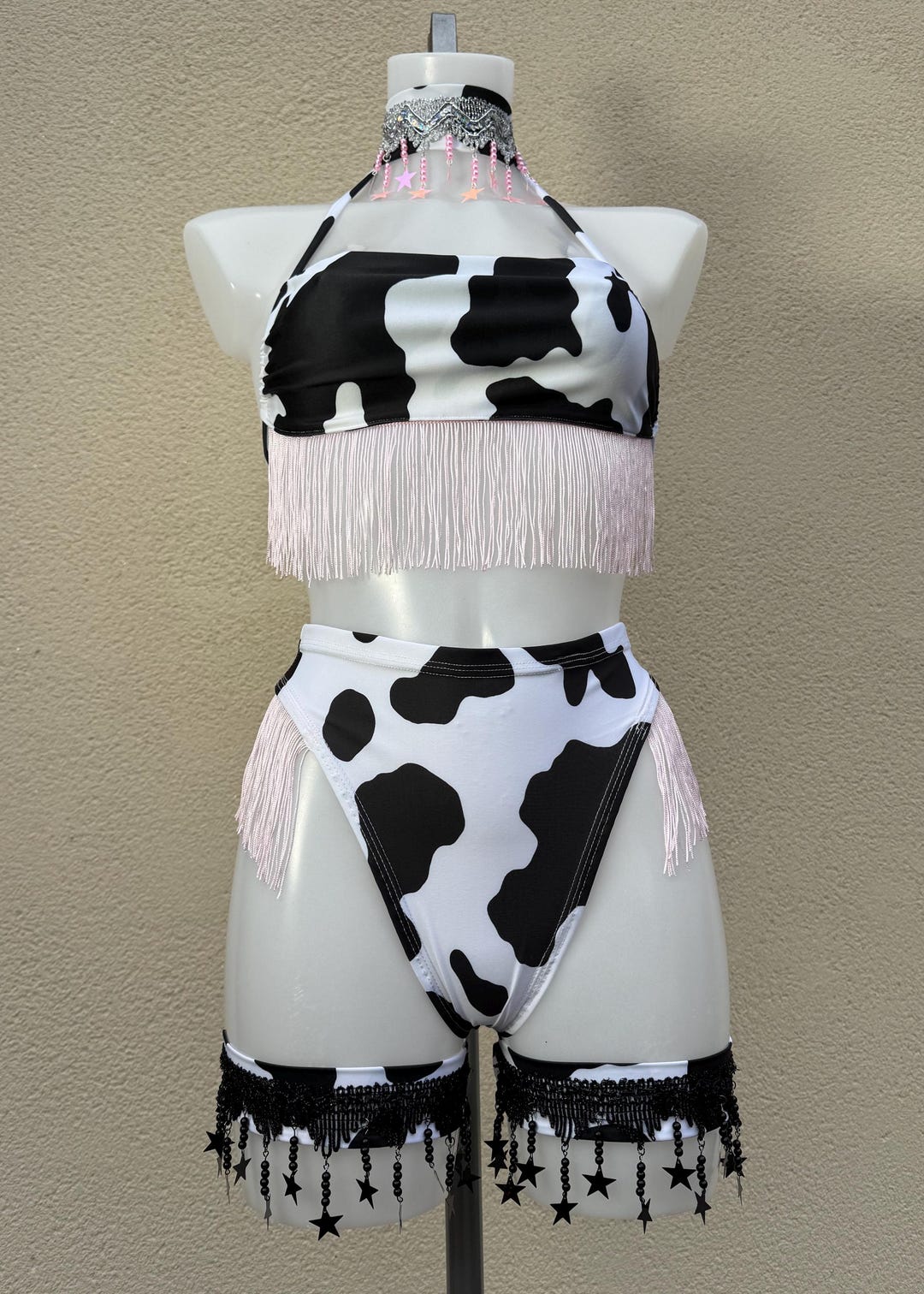 Cow Print Fringed Festival Outfit: Womens Cowgirl Sequin Rave Clothing ...