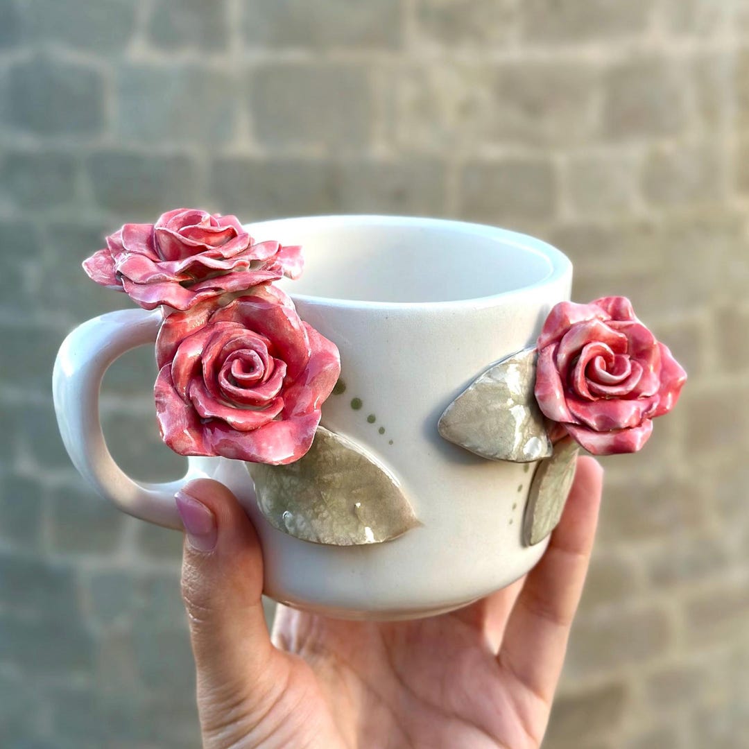 Handmade Pink Rose Ceramic Mug – Romantic Floral Pottery Cup - Etsy