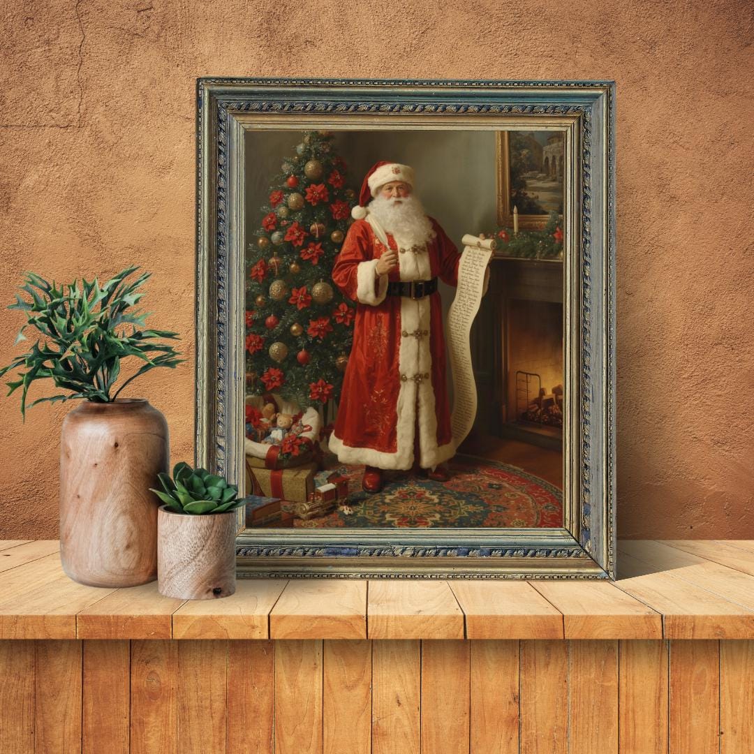 Vintage Santa Claus Christmas Print – Scroll, Fireplace & Tree - Etsy