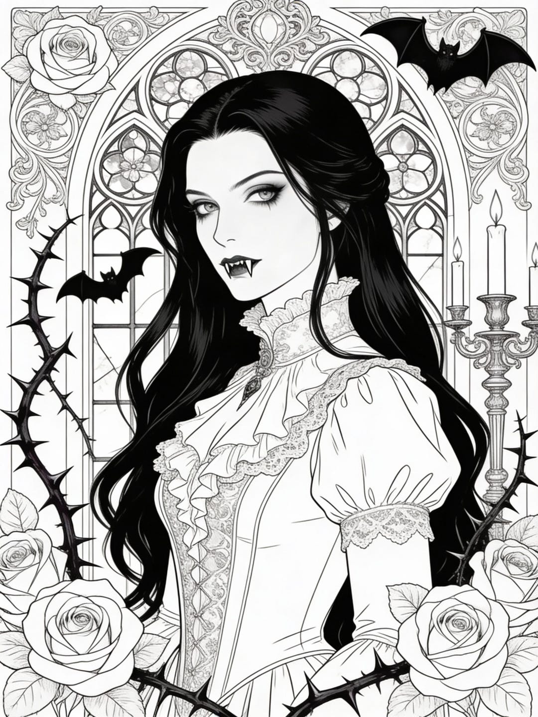 Carmilla Vampire Coloring Page — Gothic Portrait With Roses, Fangs ...