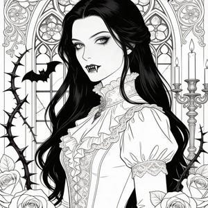 Carmilla Vampire Coloring Page — Gothic Portrait With Roses, Fangs ...