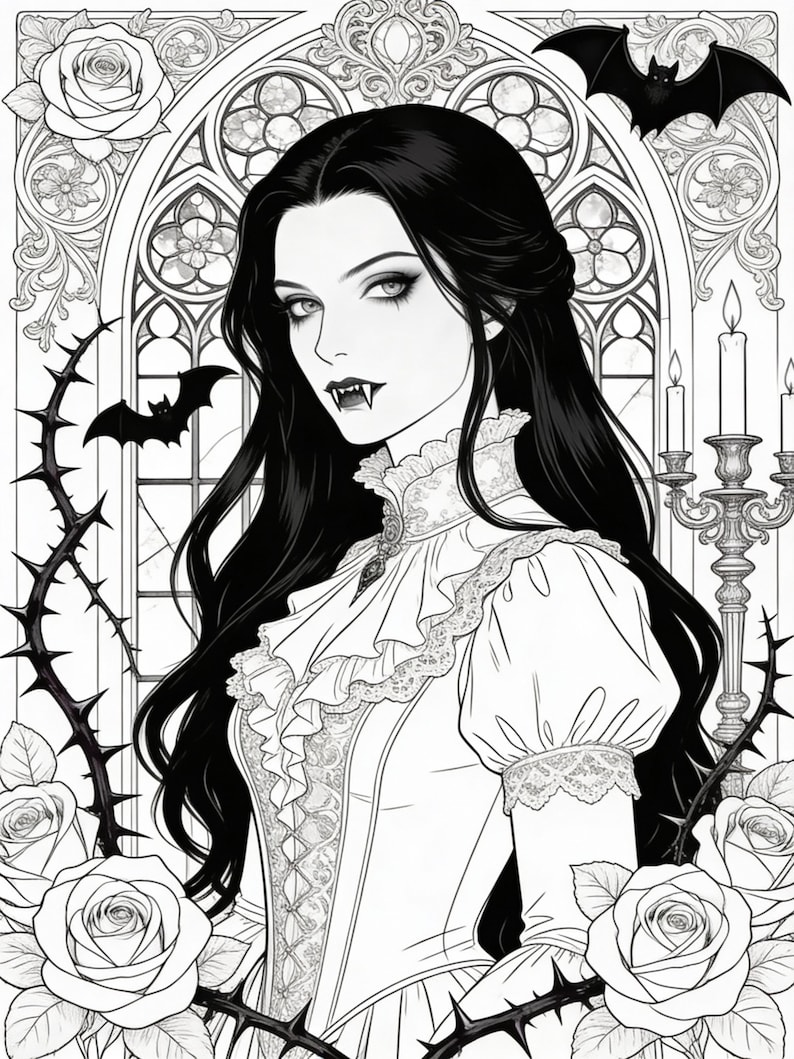 Carmilla Vampire Coloring Page — Gothic Portrait With Roses, Fangs ...