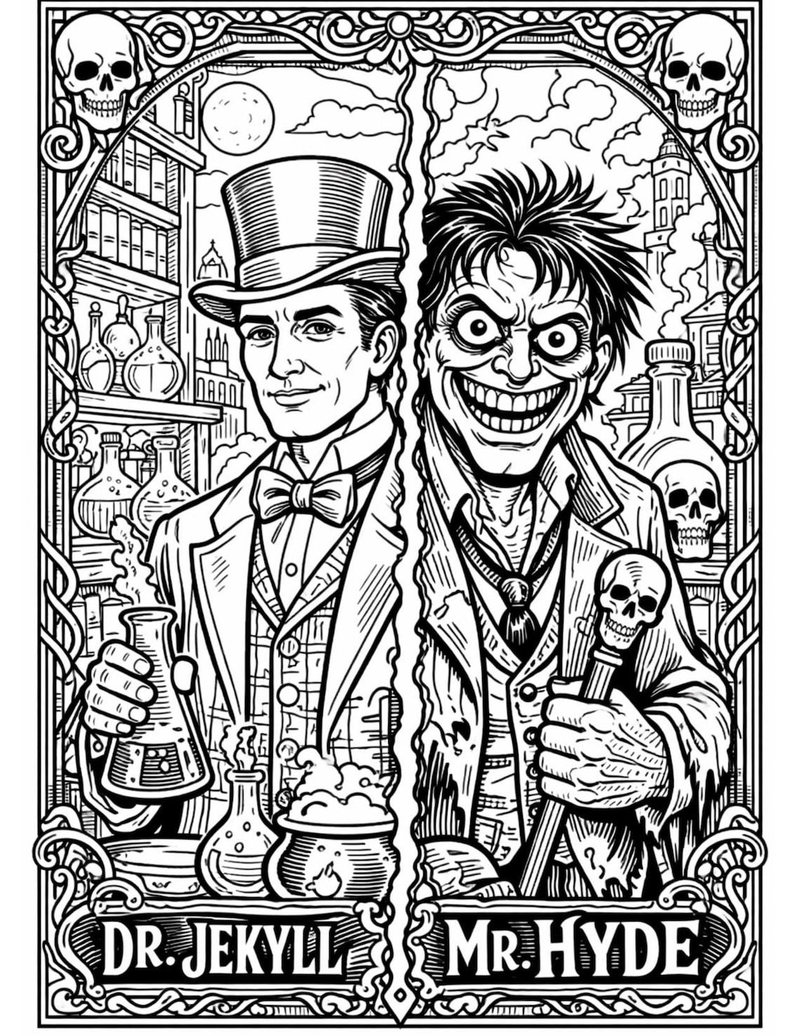 Dr. Jekyll & Mr. Hyde Coloring Page – Gothic Split Portrait for Adults ...