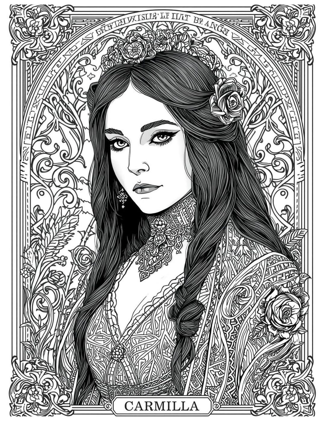 Carmilla Nameplate Coloring Page — Gothic Portrait With Roses, Braids ...