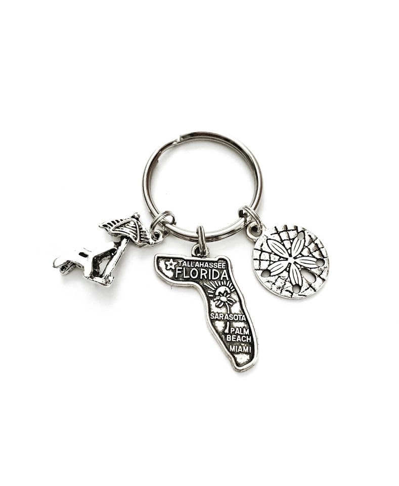 Florida Themed Keychain. Includes State of FL, Beach Chair With ...
