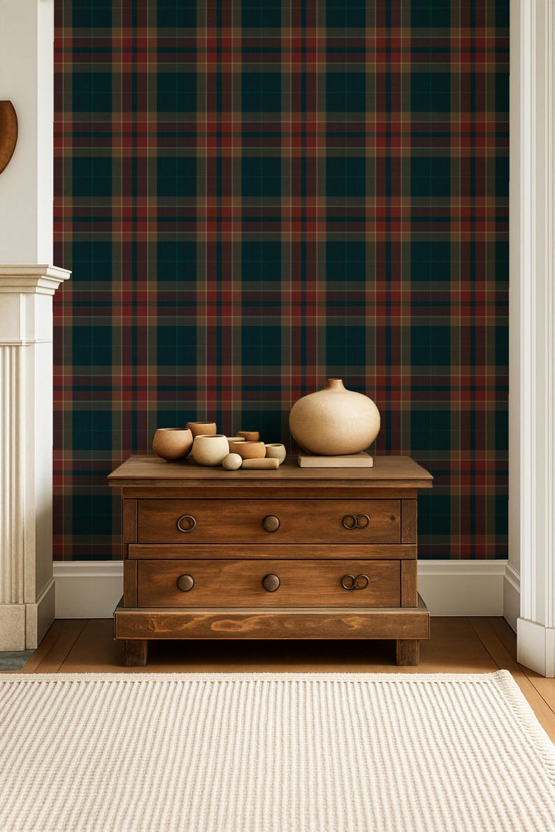 Warm Red & Blue Plaid Wallpaper: Rustic Farmhouse Tartan Check Pattern ...