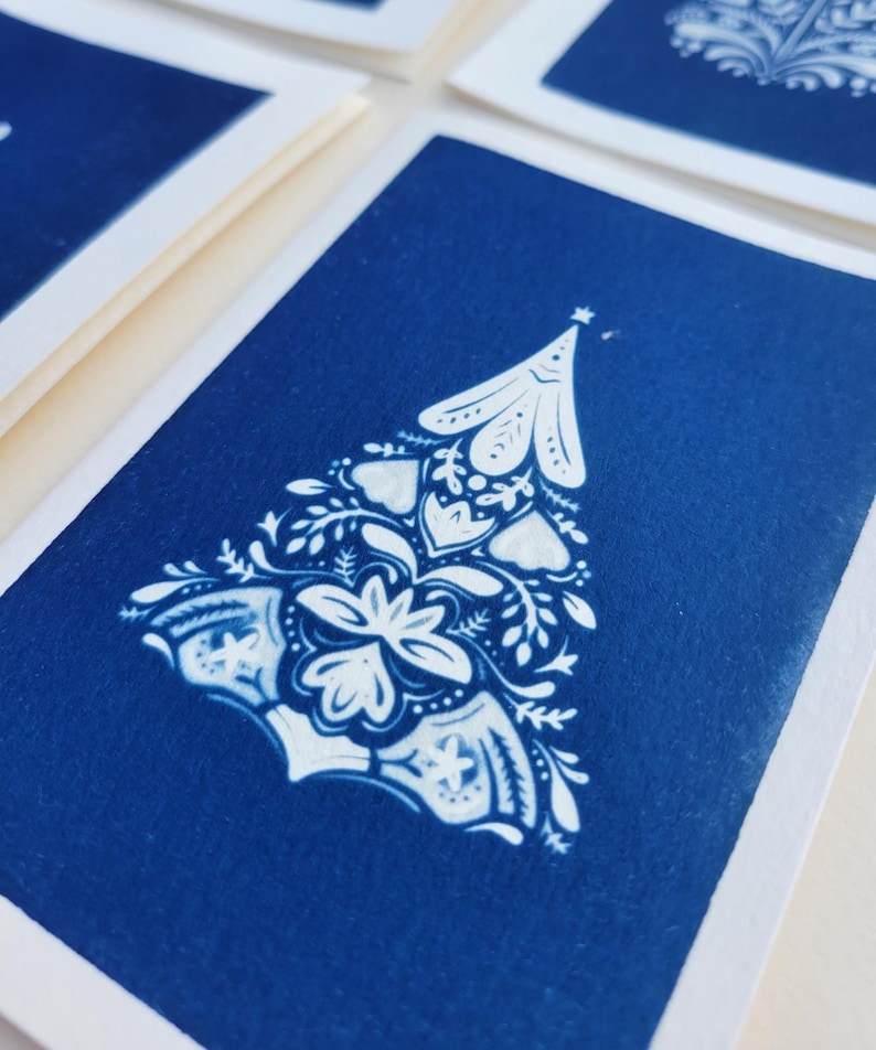 Handmade Cyanotype Note Cards – Set of 4 – Scandinavian Christmas Trees ...