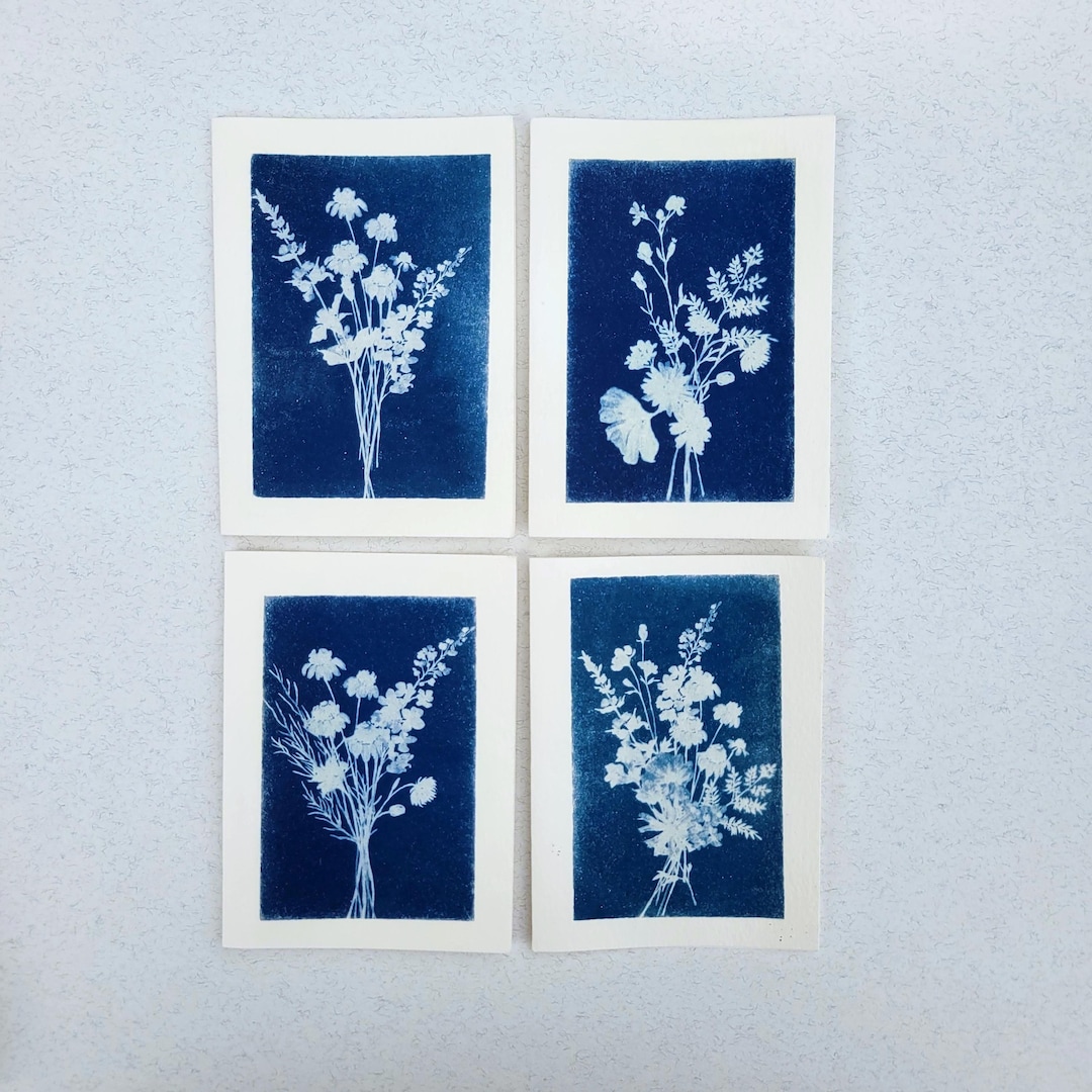 Handmade Cyanotype Note Cards – Set of 4 – Wildflower Bouquets - Etsy