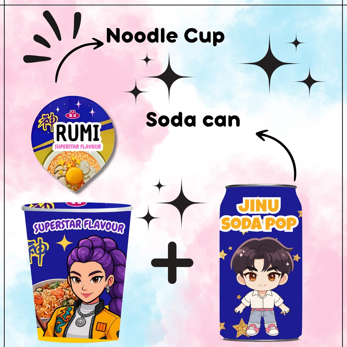 Kpop Party Bundle , Huntrix Kpop Ramen Cup Noodle Labels + Saja Boys ...