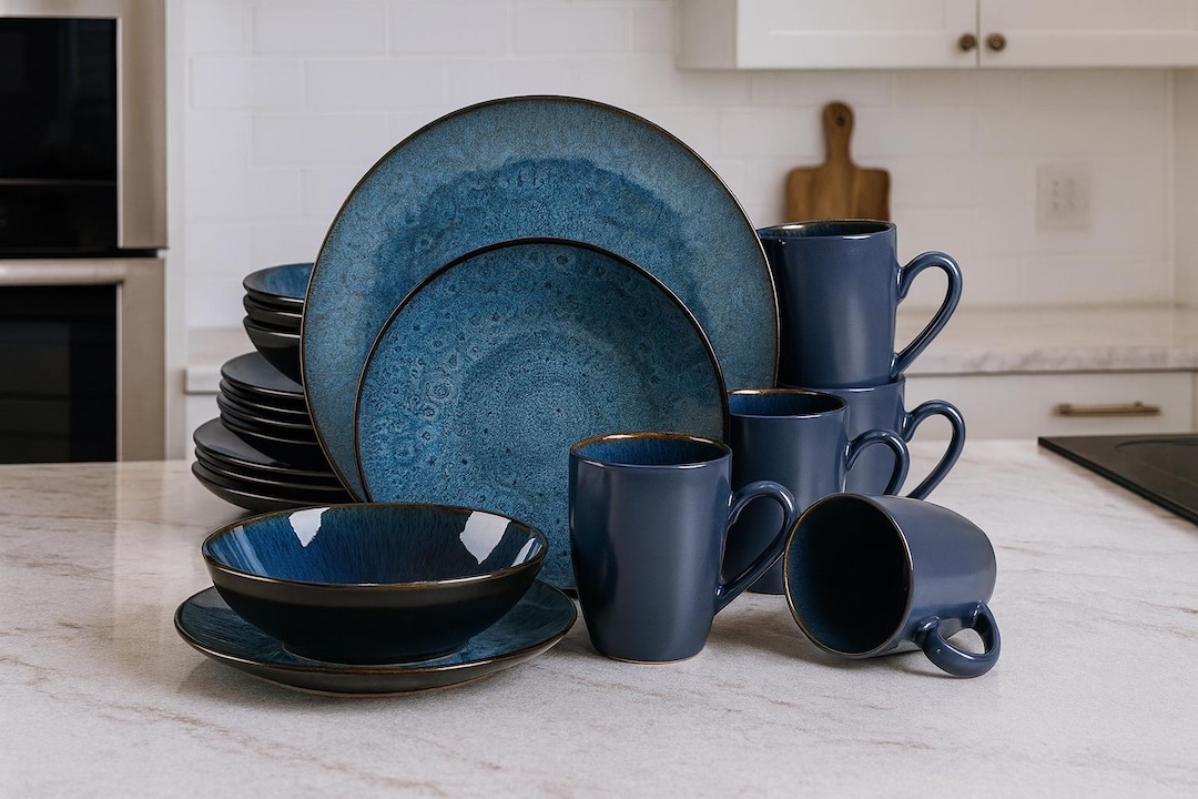 Blue Bubble Stoneware Dinnerware Set – 16/32/48 Pc Vintage Plates ...