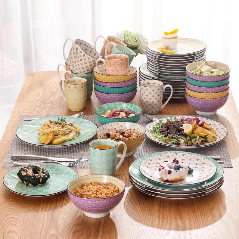 Multicolour Porcelain Dinnerware Set – 16/32/48 Pc Plates, Bowls & Mugs ...