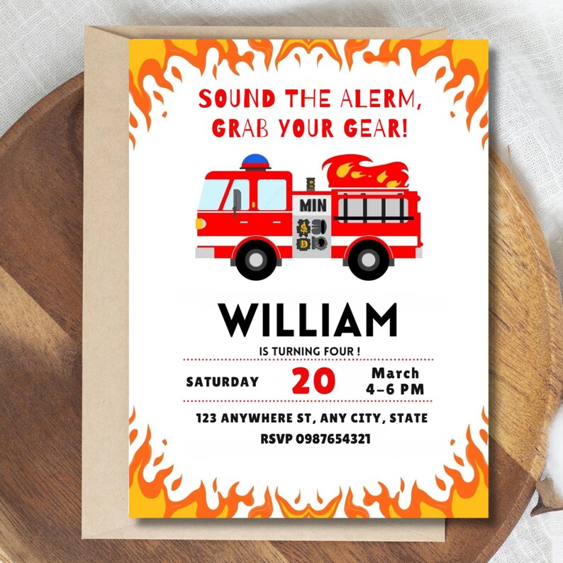Firetruck Birthday Invitation: Editable Fireman Party Invite (digital ...