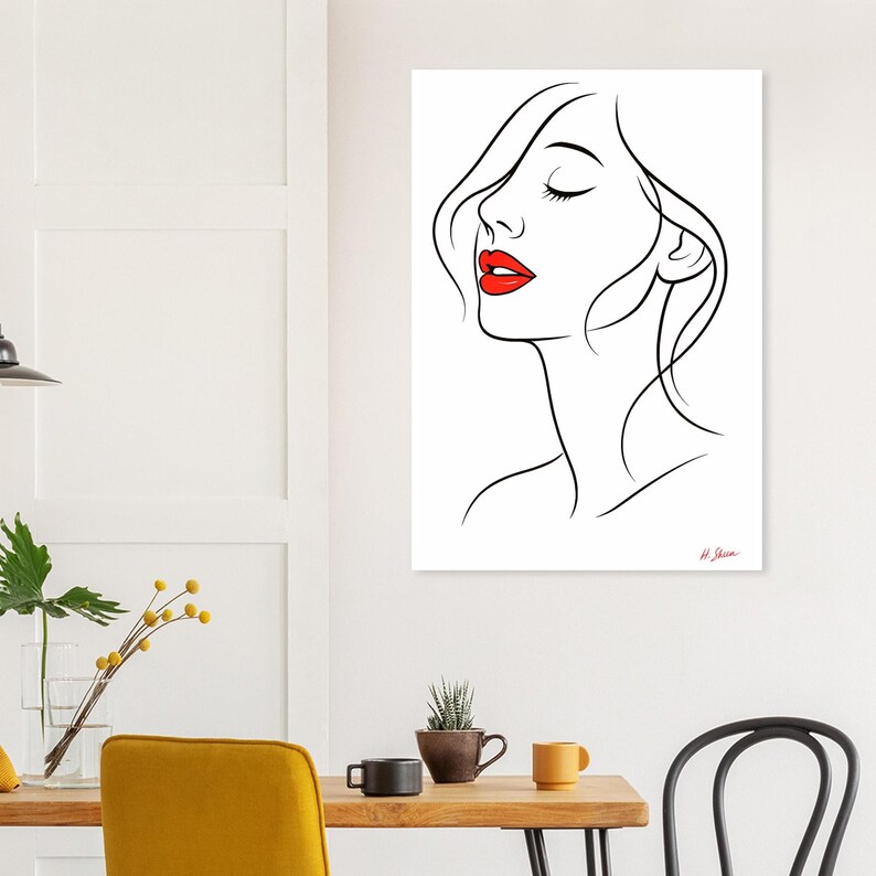 Minimalist Woman Portrait Poster: Red Lips Line Art by Harvey Sheen - Etsy