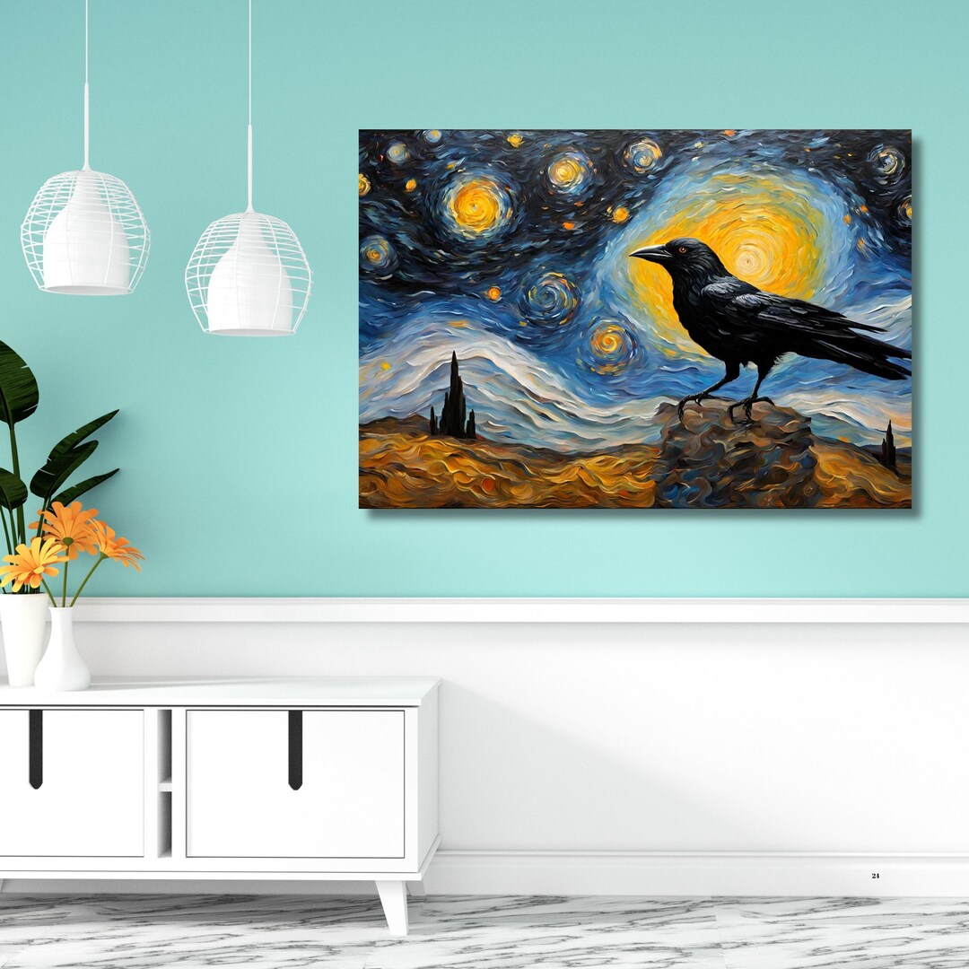 Starry Night Raven Canvas Art – Van Gogh Style, Dark Academia Decor - Etsy