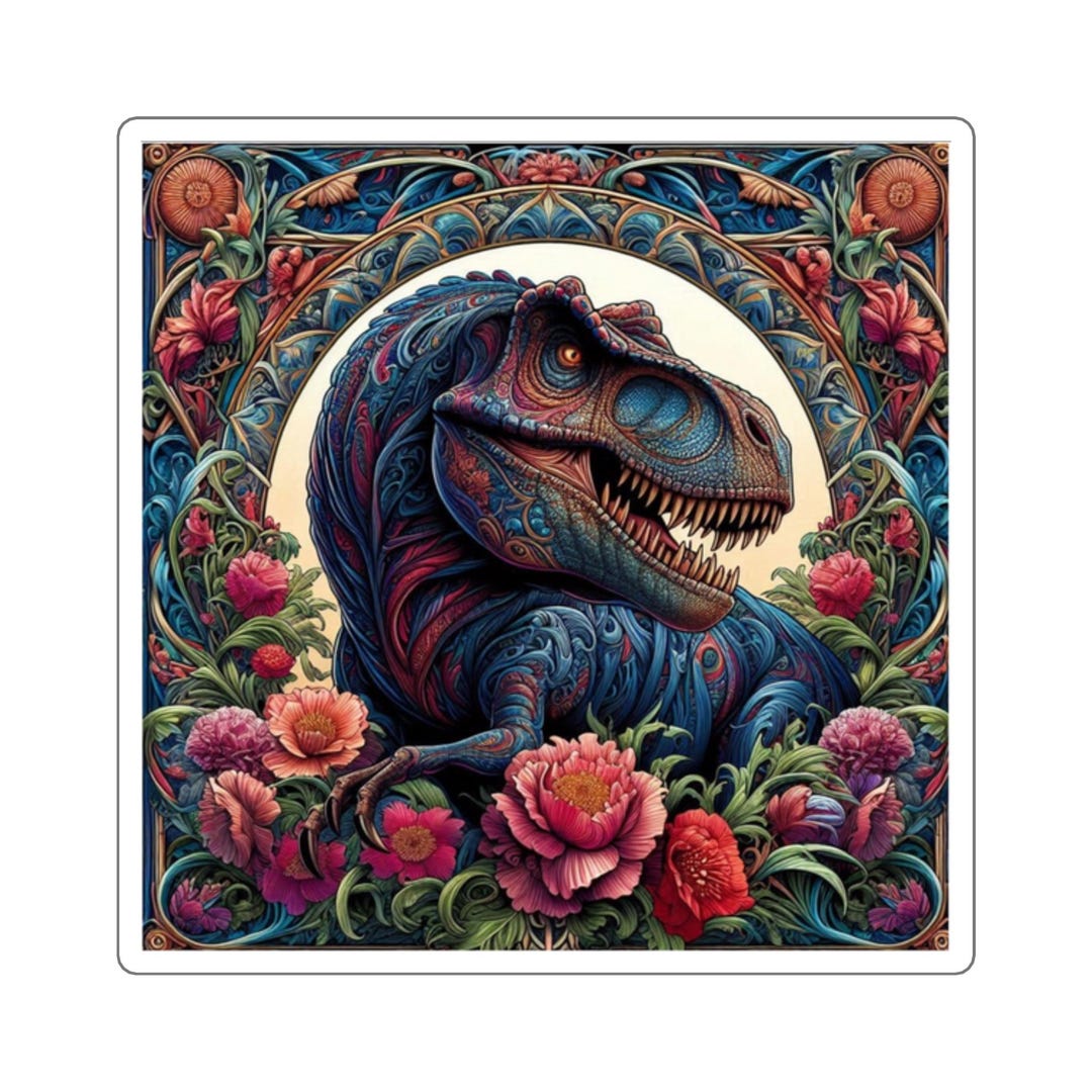Art Nouveau T Rex Square Sticker, Bold Colors, Beautiful Flowers ...