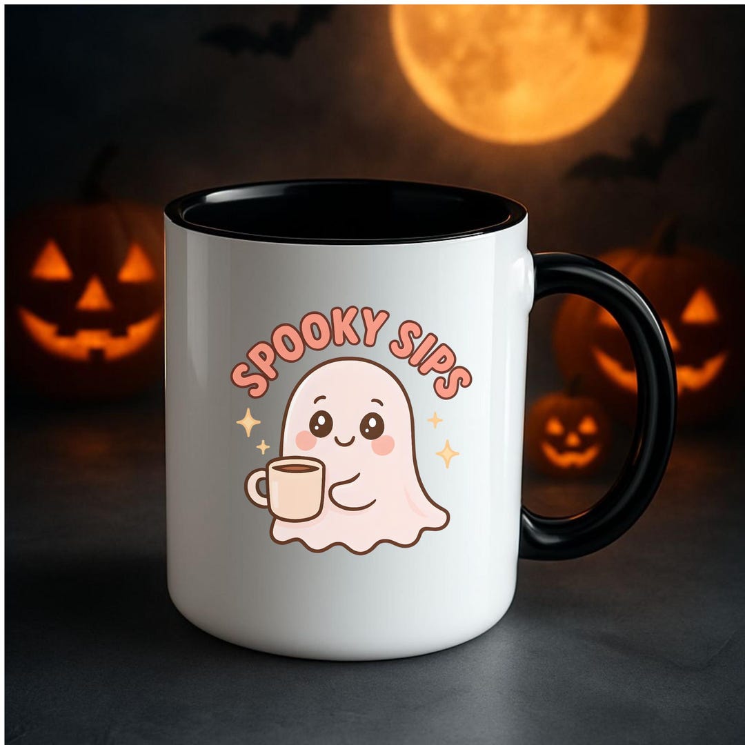 Spooky Sips Mug, Halloween Coffee Cup, Cute Ghost Drinkware, Kawaii Mug ...