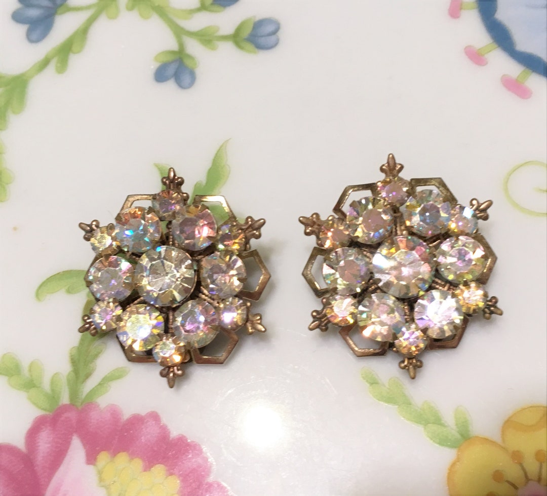 Vintage ANN VIEN Clear Aurora Borealis Rhinestone Earrings - Etsy