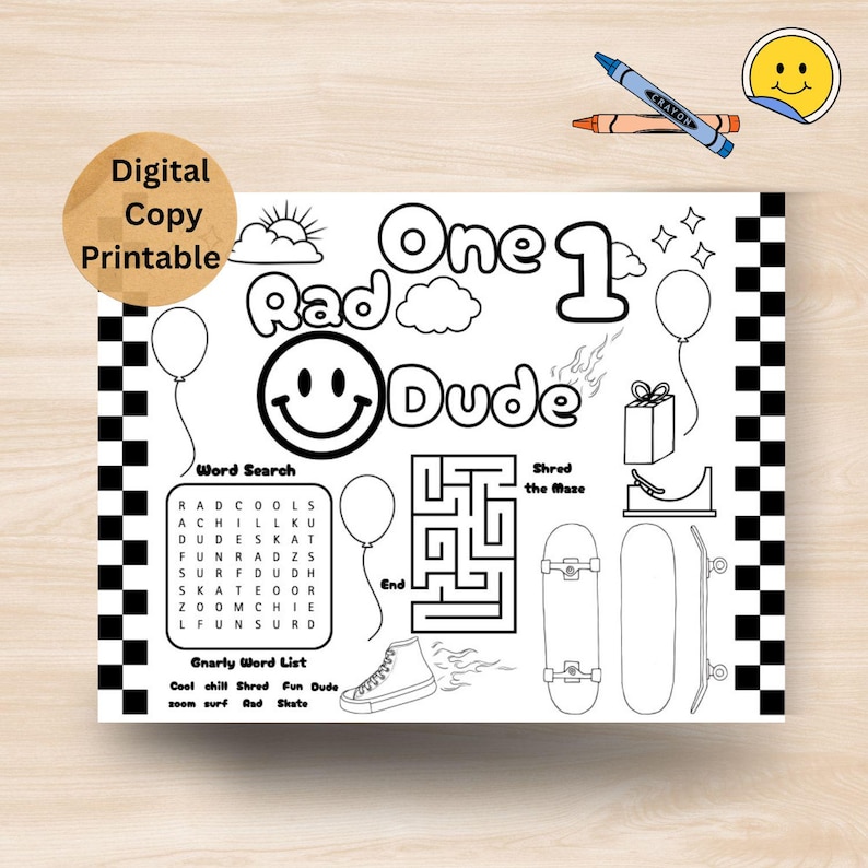One Rad Dude Birthday Activity Sheet: Skateboard Coloring Page (PDF ...