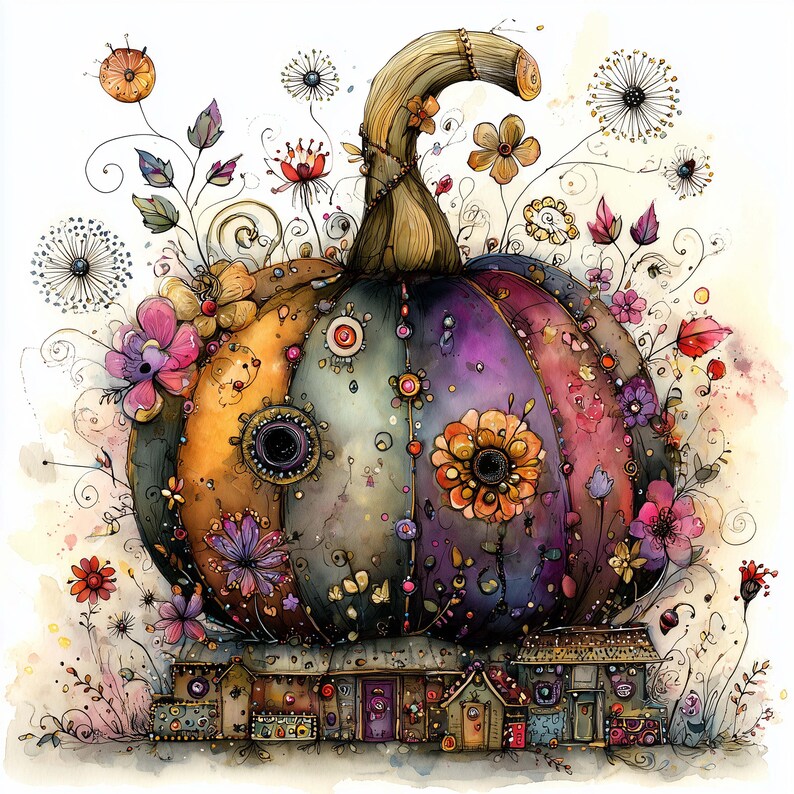 Boho Pumpkin Clipart Set, 10 Jpgs of Whimsical Halloween Illustrations ...