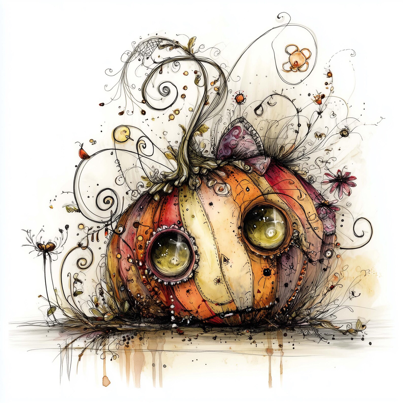 Boho Pumpkin Clipart Set, 10 Jpgs of Whimsical Halloween Illustrations ...