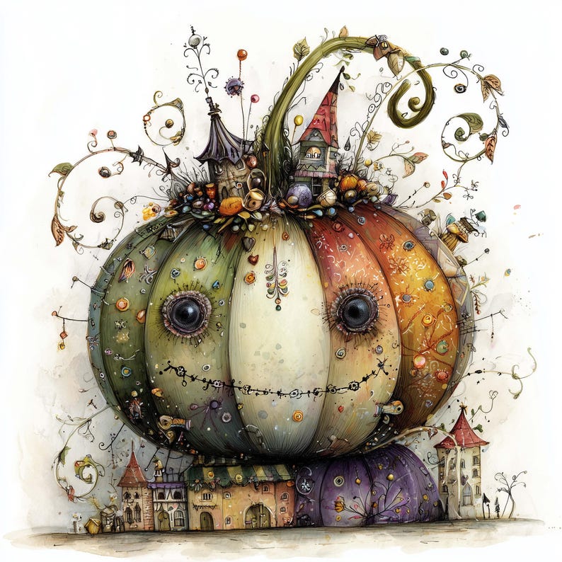 Boho Pumpkin Clipart Set, 10 Jpgs of Whimsical Halloween Illustrations ...