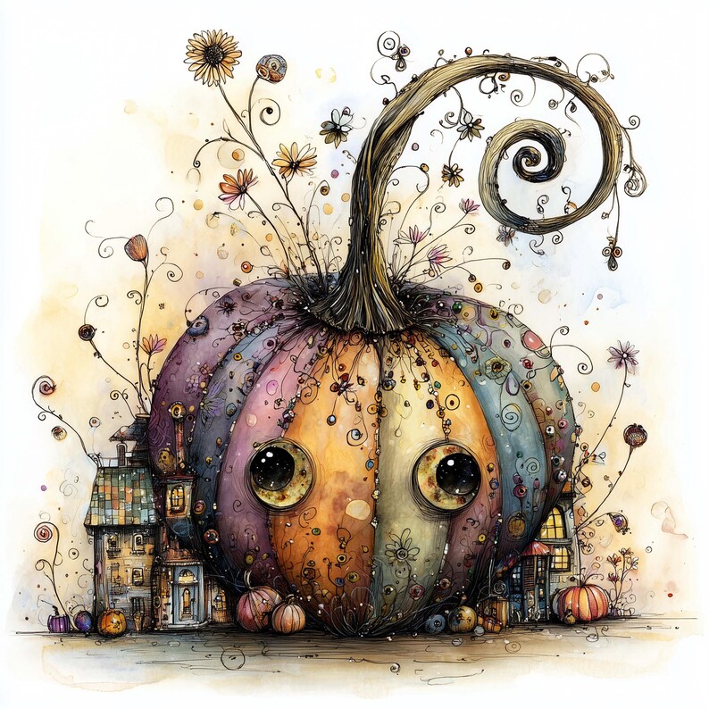 Boho Pumpkin Clipart Set, 10 Jpgs of Whimsical Halloween Illustrations ...