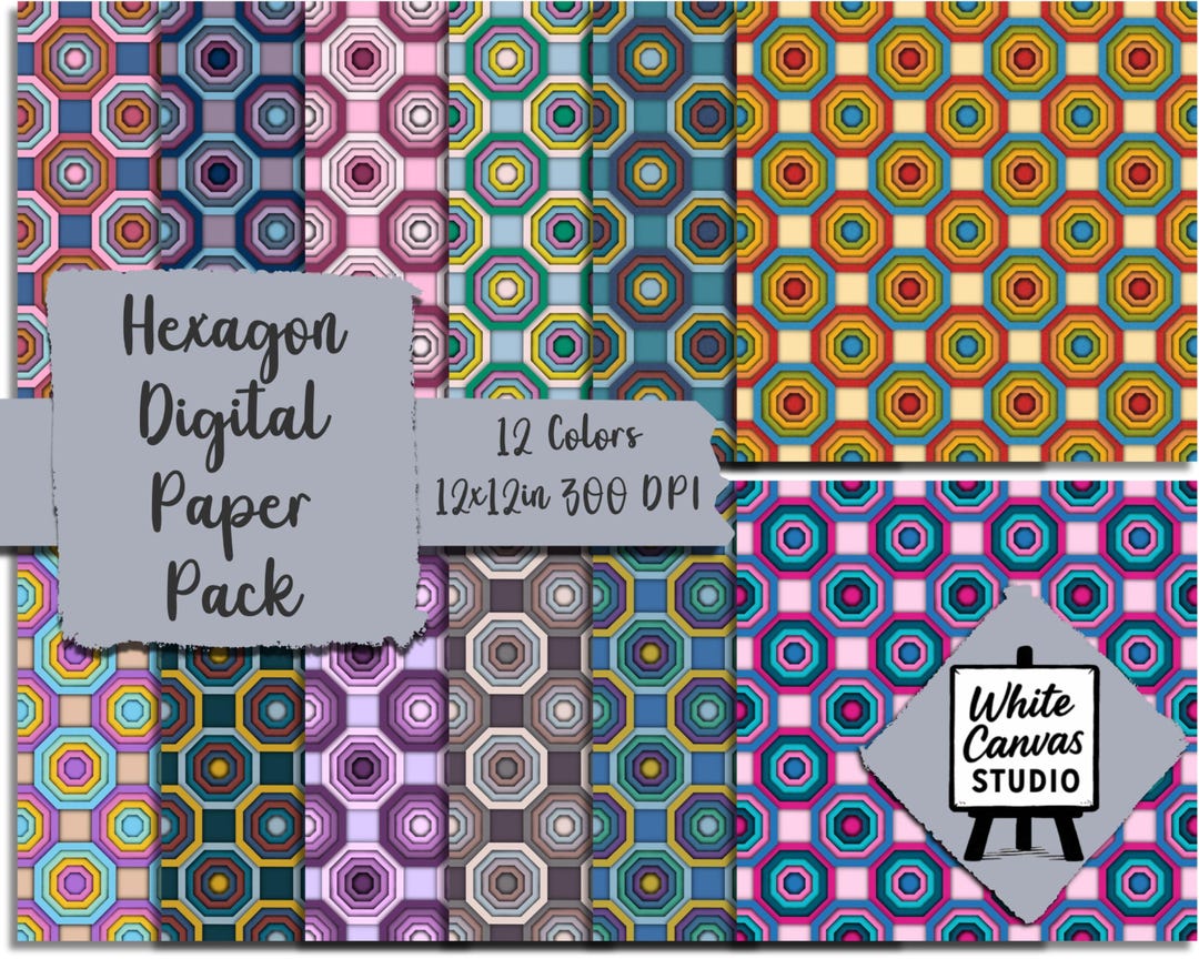 Hexagon Digital Paper Pack: Retro Geometric Patterns (JPEG, PNG, PDF ...