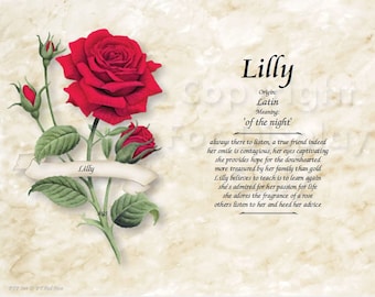 Lydia First Name Meaning Art Print-name Meaning-personalized-red Rose ...
