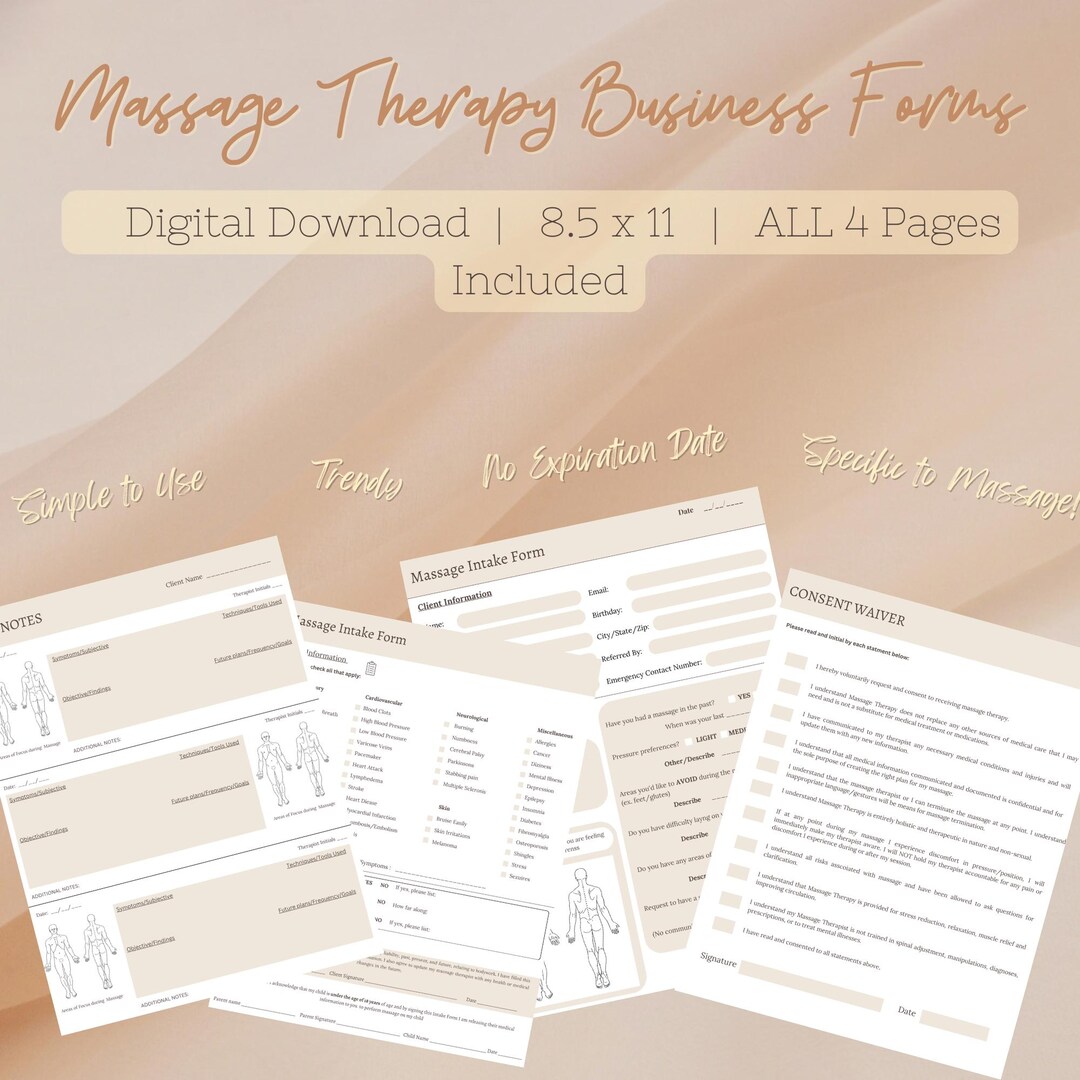 Massage Therapy Business Forms: 4-in-1 Printable PDF (instant Download ...