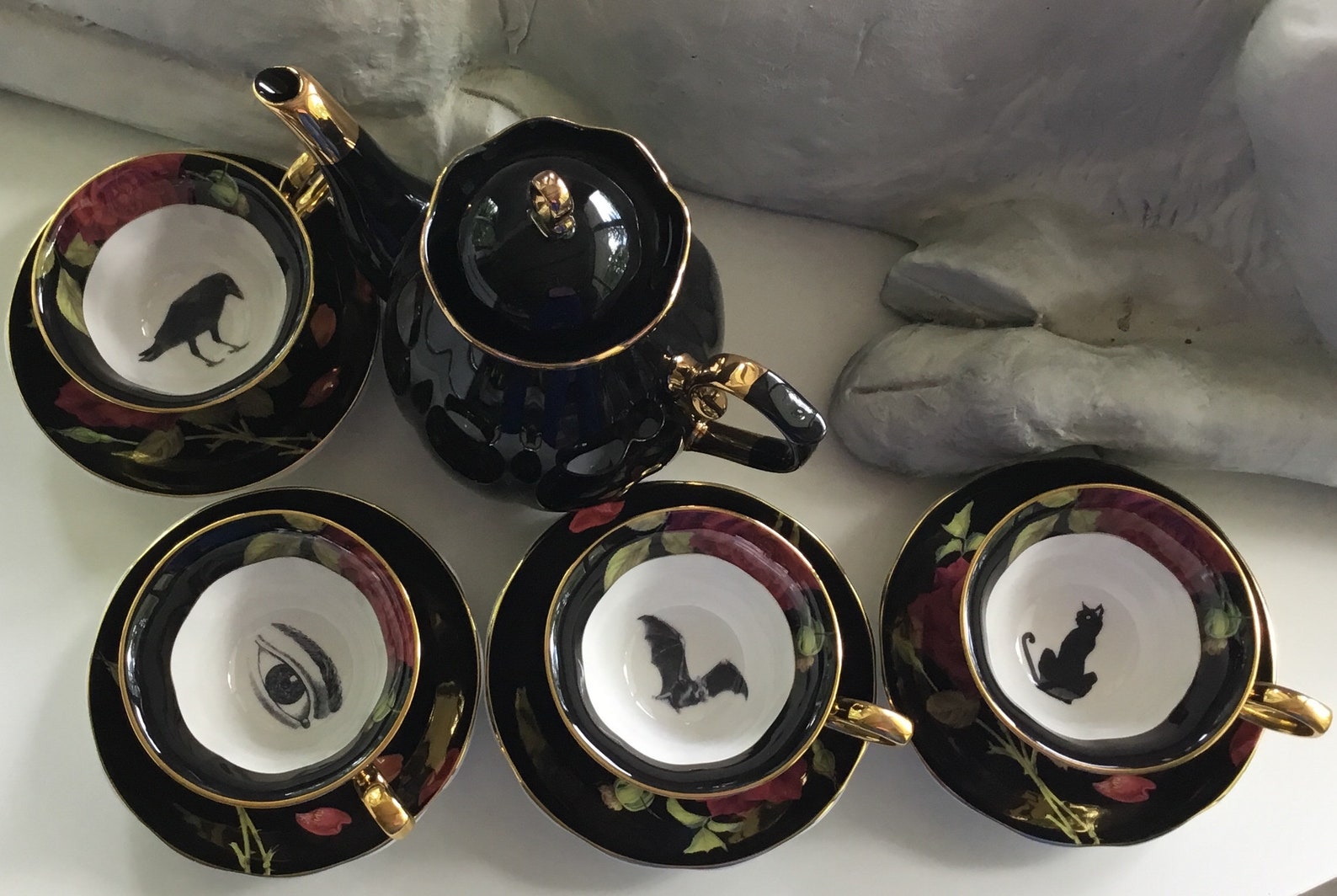Gorgeous Black and Gold Tea Set With Black Rose Design, Bat, Cat, Crow ...