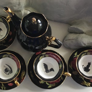 Gorgeous Black and Gold Tea Set With Black Rose Design, Bat, Cat, Crow ...