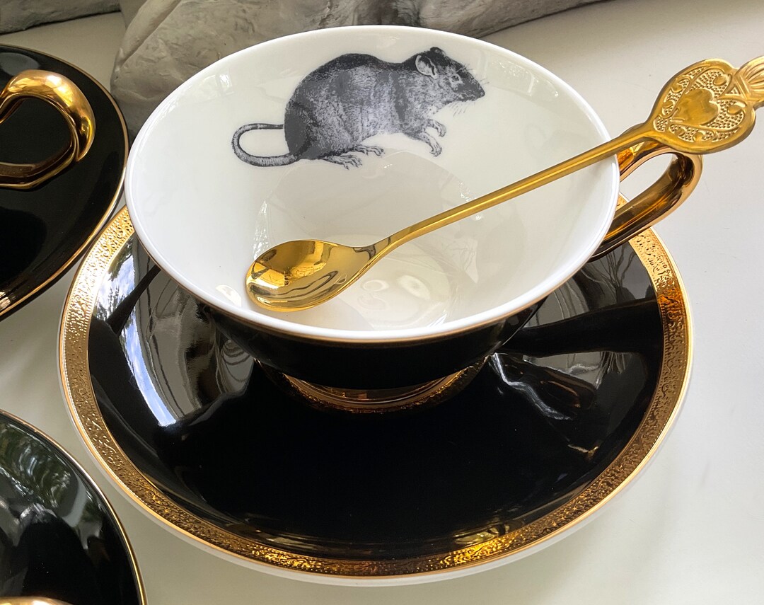 Cute Black and Gold Rat Teacup/saucer Set With Spoon, Porcelain. Food ...