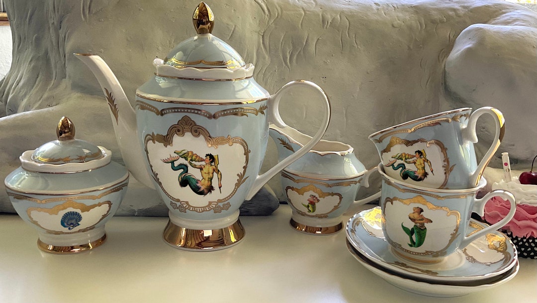 Merman/mermaid Tea Set, Vegan Bone China. Pink, Blue, or Green, Food ...