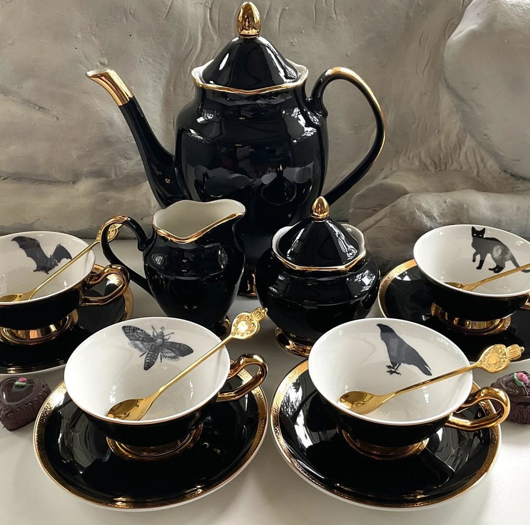 Gorgeous Black and Gold Tea Set, Bat, Cat, Crow and Moth Design ...