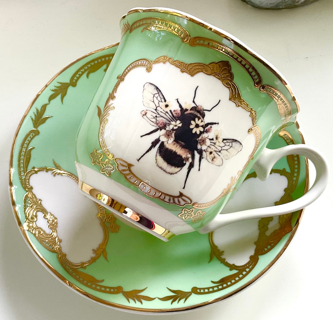 Beautiful Bee Teacup and Saucer Set, 8 Oz. Food- and Dishwasher Safe ...